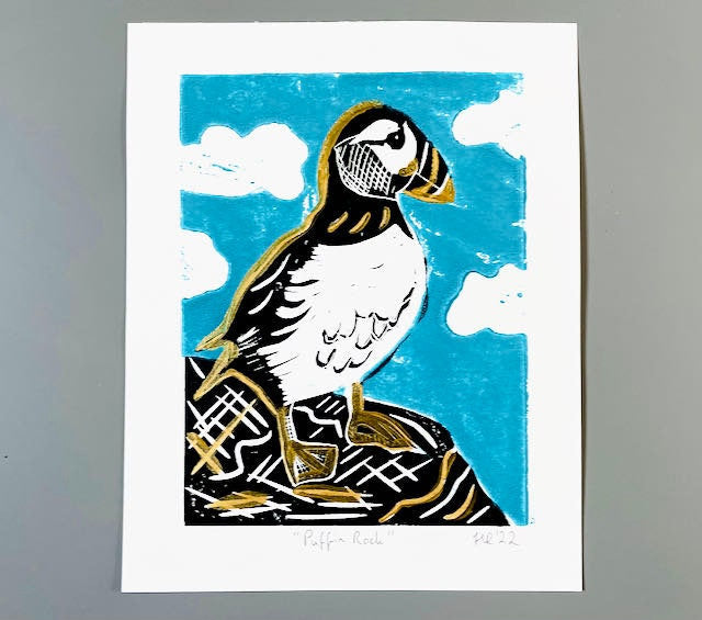 Puffin Linocut Print-"Puffin Rock" – Hayley Ryan Art